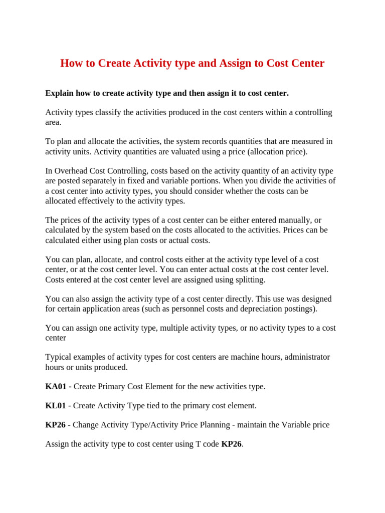 How To Create Activity Type and Assign To Cost Center | PDF