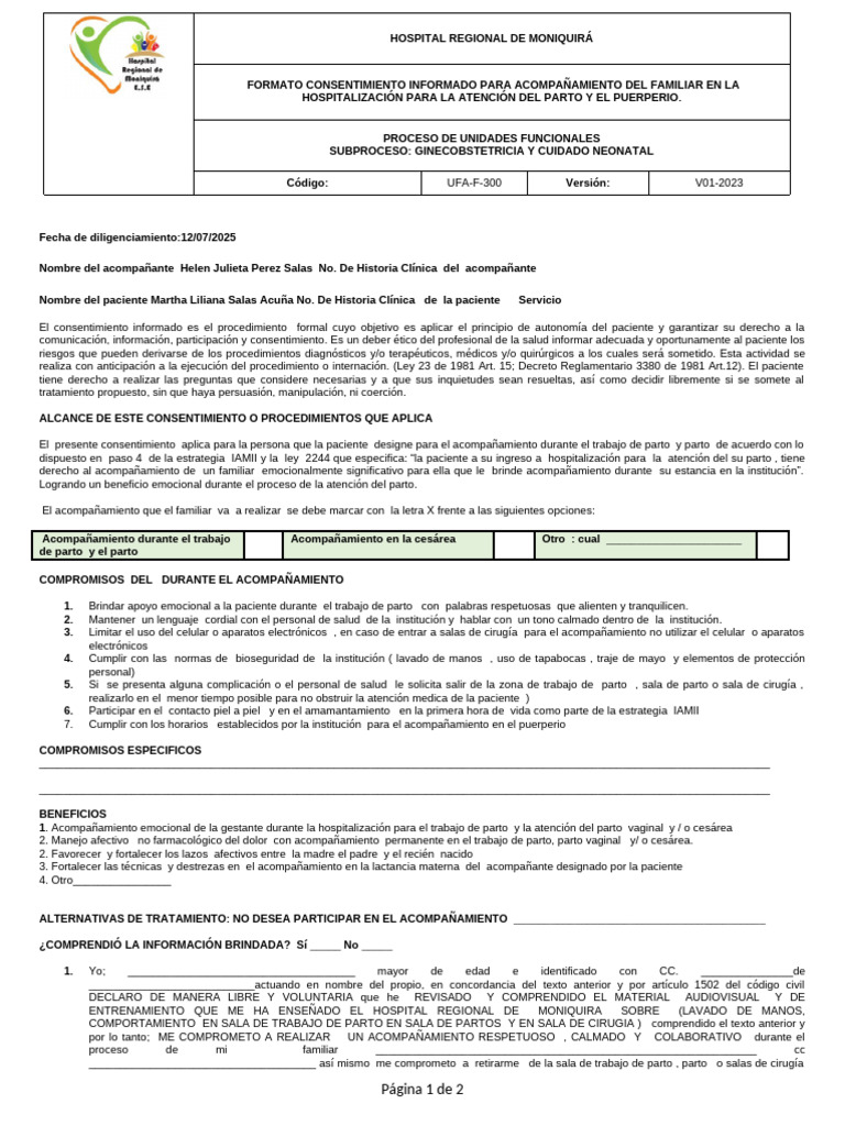 Formato Consentimiento Informado Acompanante | PDF | Parto | Consentimiento informado