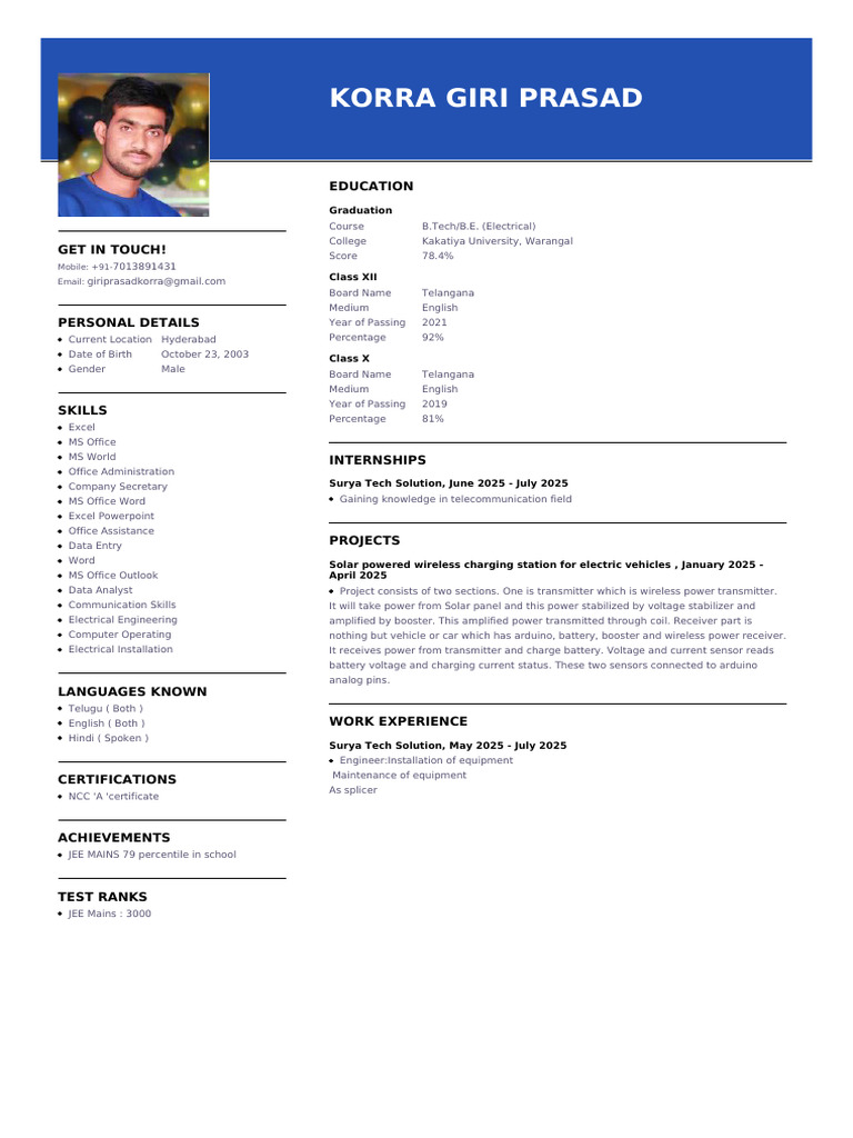 Korra Giri Prasad Resume | PDF | Telecommunications | Information And Communications Technology