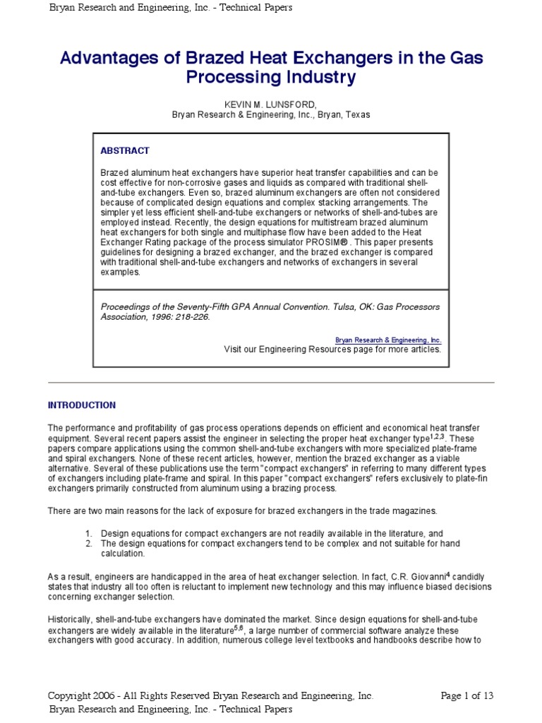 Cold Box - Advantages To Brazed Fin Exchangers | PDF | Heat Transfer ...