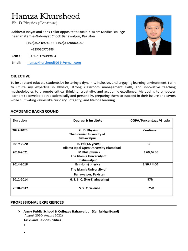 Hamza Khursheed CV PDF 2 | PDF | Zinc Oxide | Critical Thinking