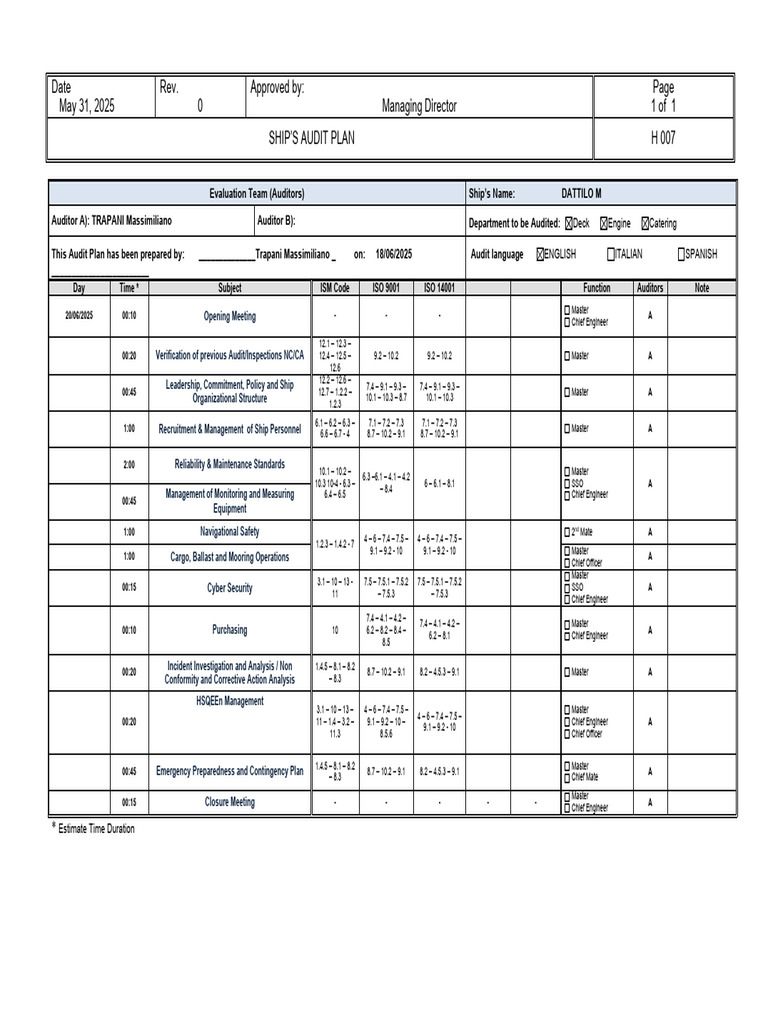 H 007 Ship Audit Plan R0 | PDF | Audit | Safety