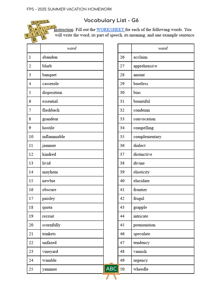 6th Grade Vocabulary Homework List | PDF