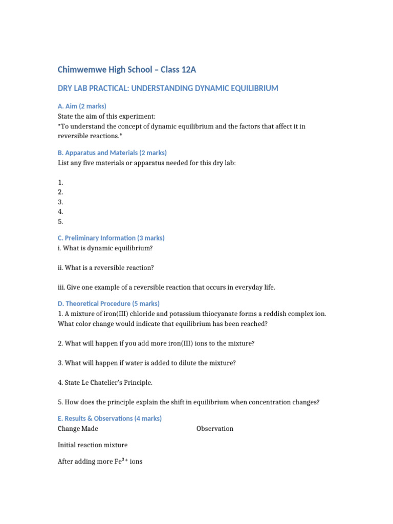 Dry Lab Dynamic Equilibrium Student | PDF