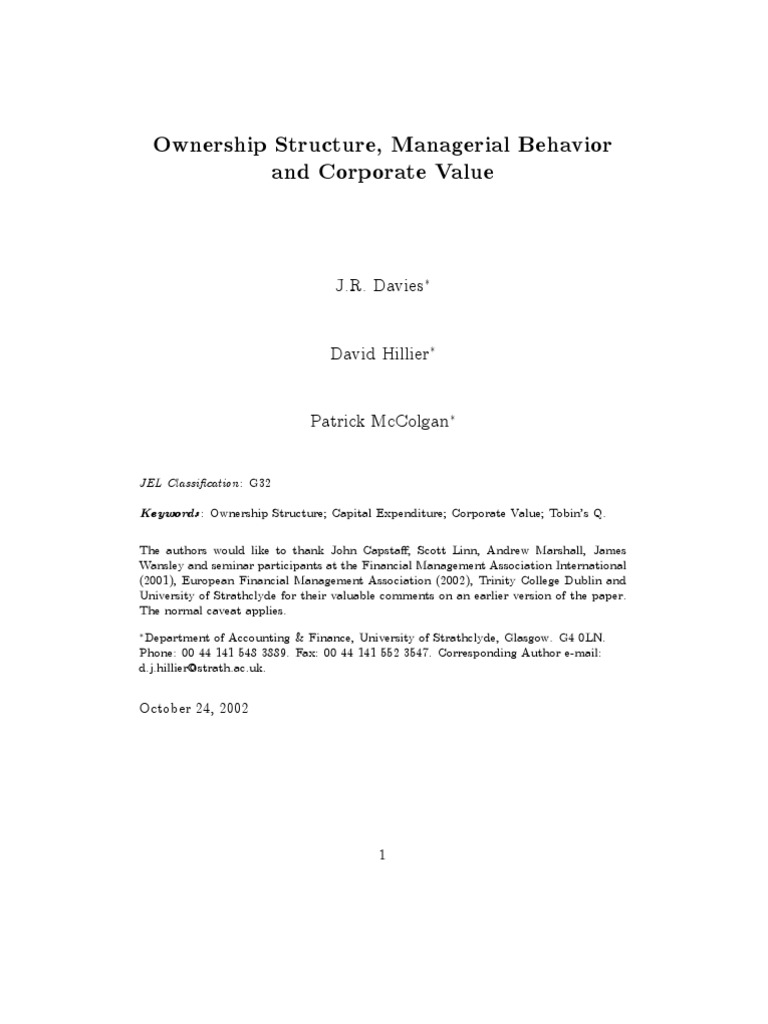 Ownership Structure, Managerial Behavior and Corporate Value | PDF ...