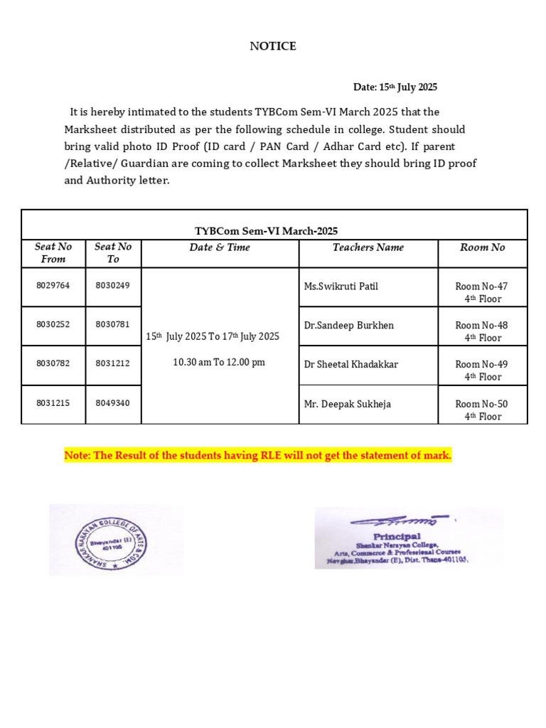 TYBCom VI March 2025 Marksheet Distrubuted Notice 1 | PDF