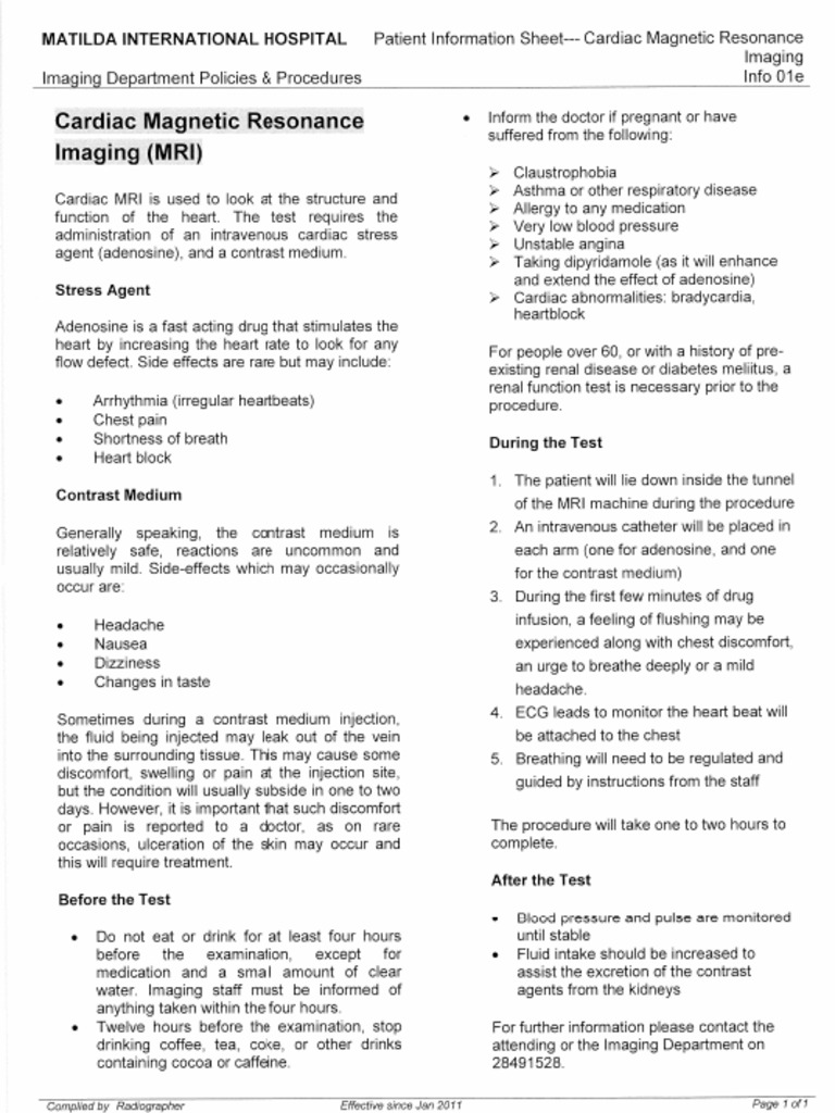 MRI Cardiac Information Sheet | PDF