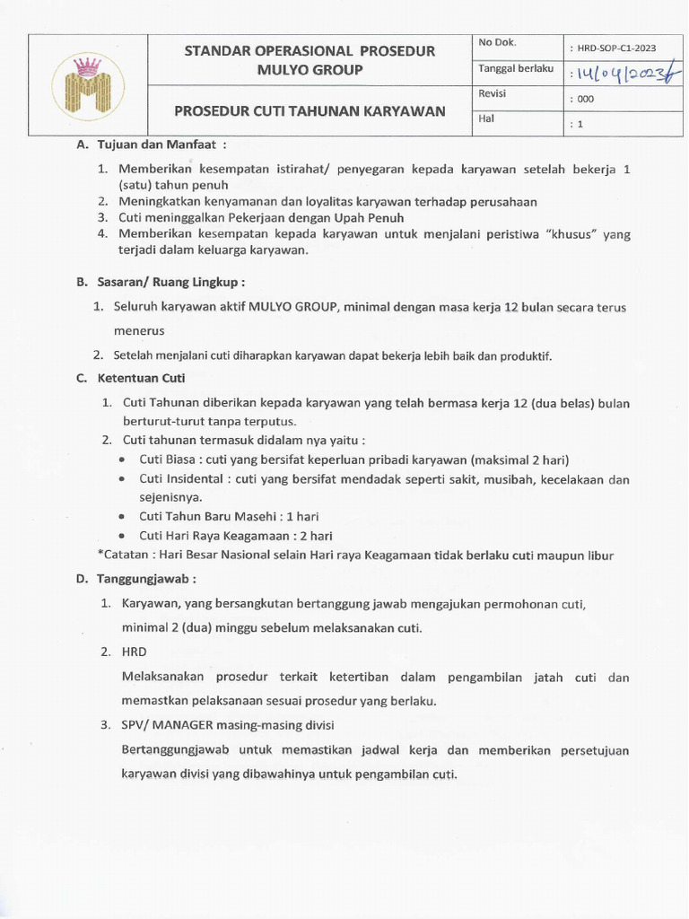 14-05-2023 - Sop Cuti Tahunan Karyawan | PDF