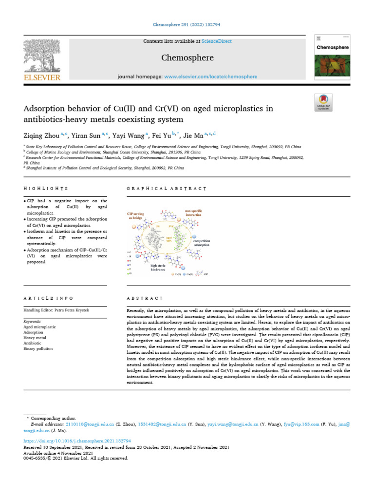 Adsorption Behavior of Cu (II) and CR (VI) On Aged Microplastics in Antibiotics-Heavy Metals ...
