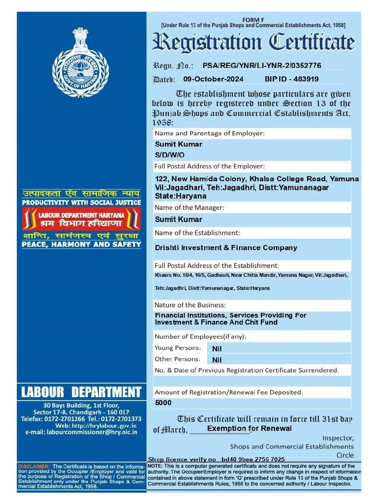 Finance Business Reg. Certificate | PDF