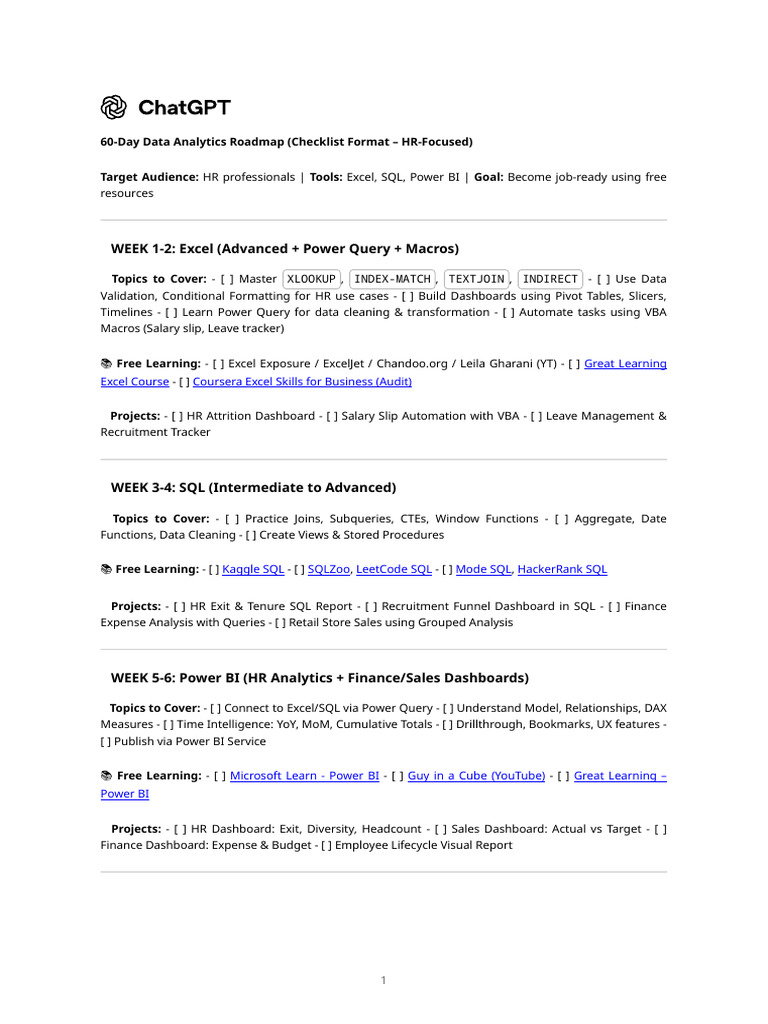60 Day Data Analytics Roadmap | PDF | Microsoft Excel | Analytics