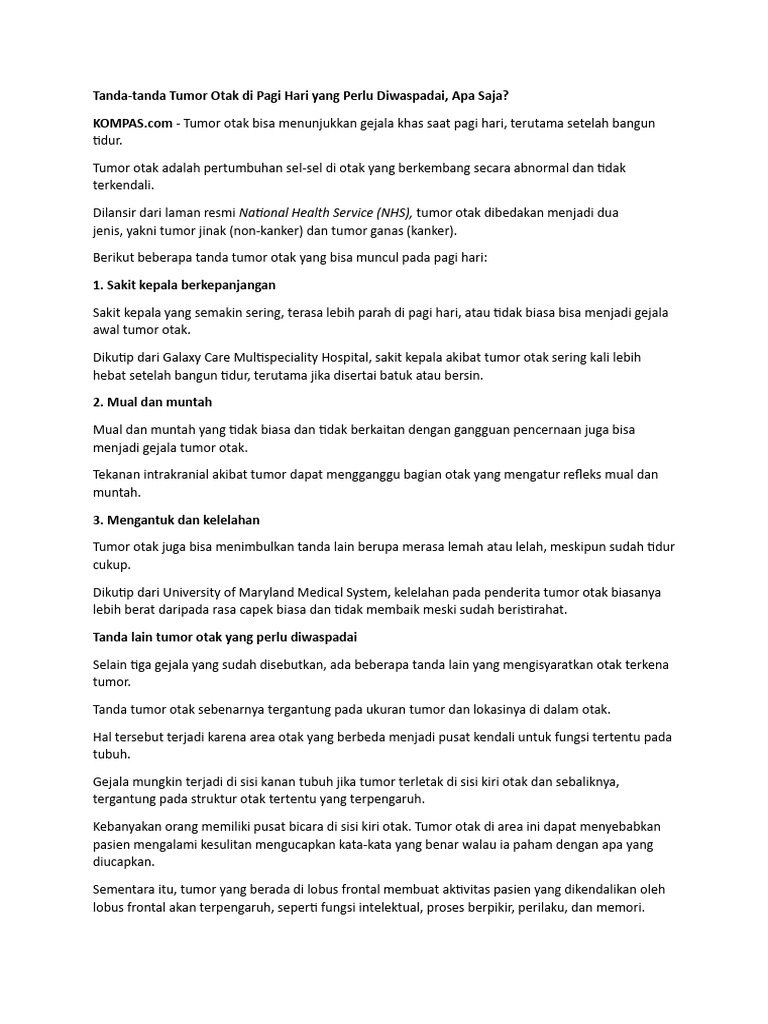 Tanda-Tanda Tumor Otak Di Pagi Hari Yang Perlu Diwaspadai, Apa Saja | PDF