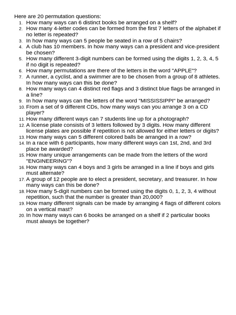 20 Questions of Permutation | PDF