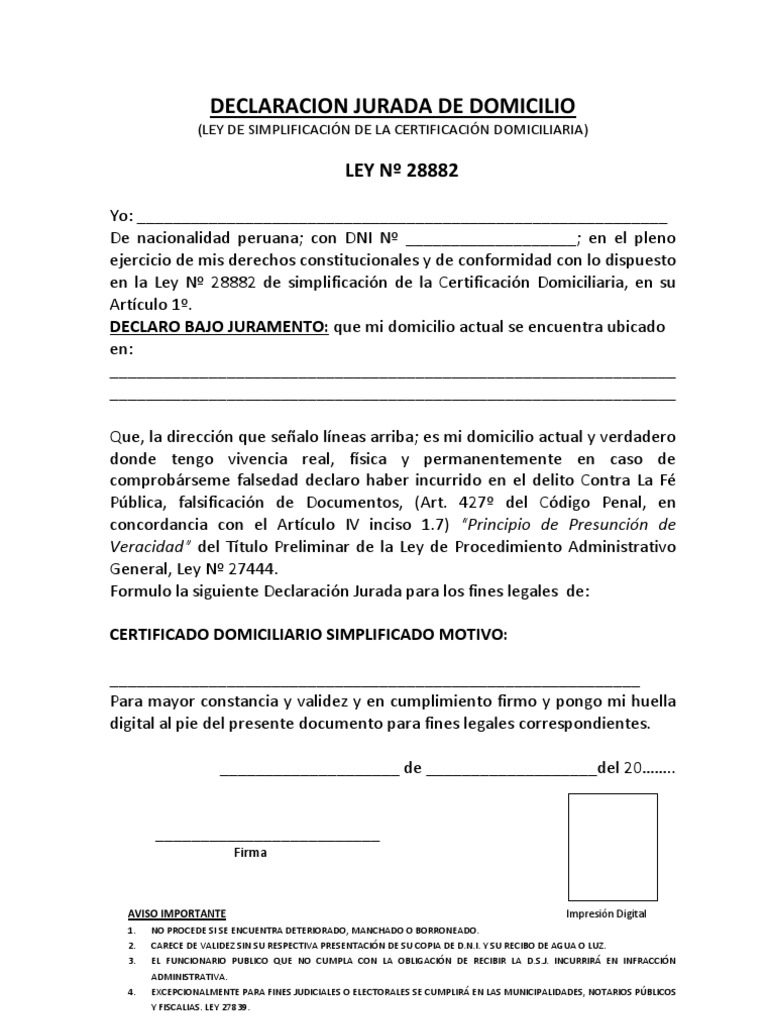 Declaracion Jurada De Domicilio: LEY Nº 28882