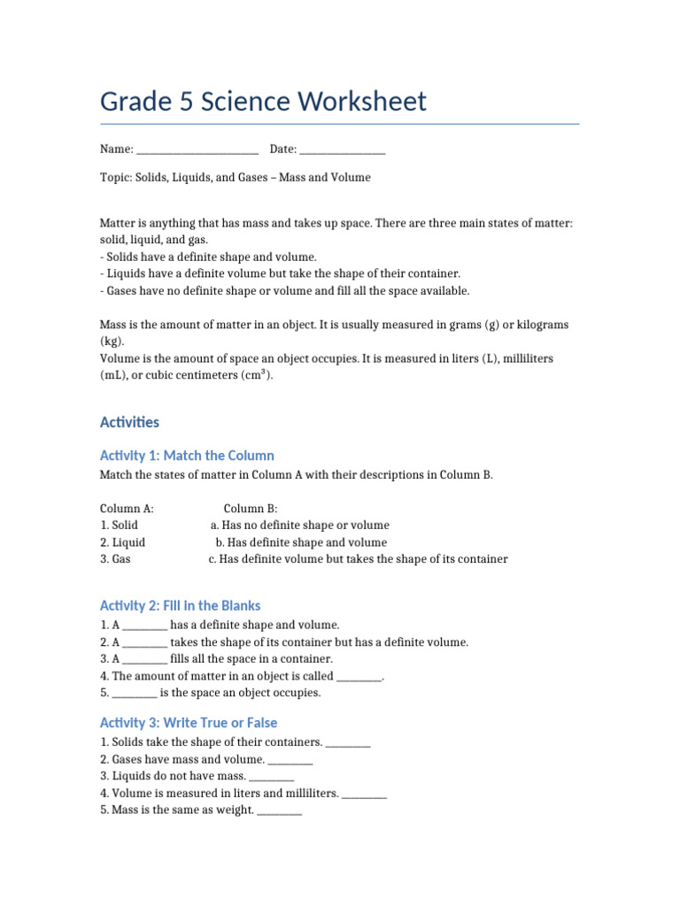 Grade 5 Worksheet Solids Liquids Gases | PDF