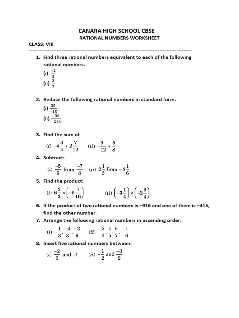 Rational Numbers Worksheet Class 8 | PDF