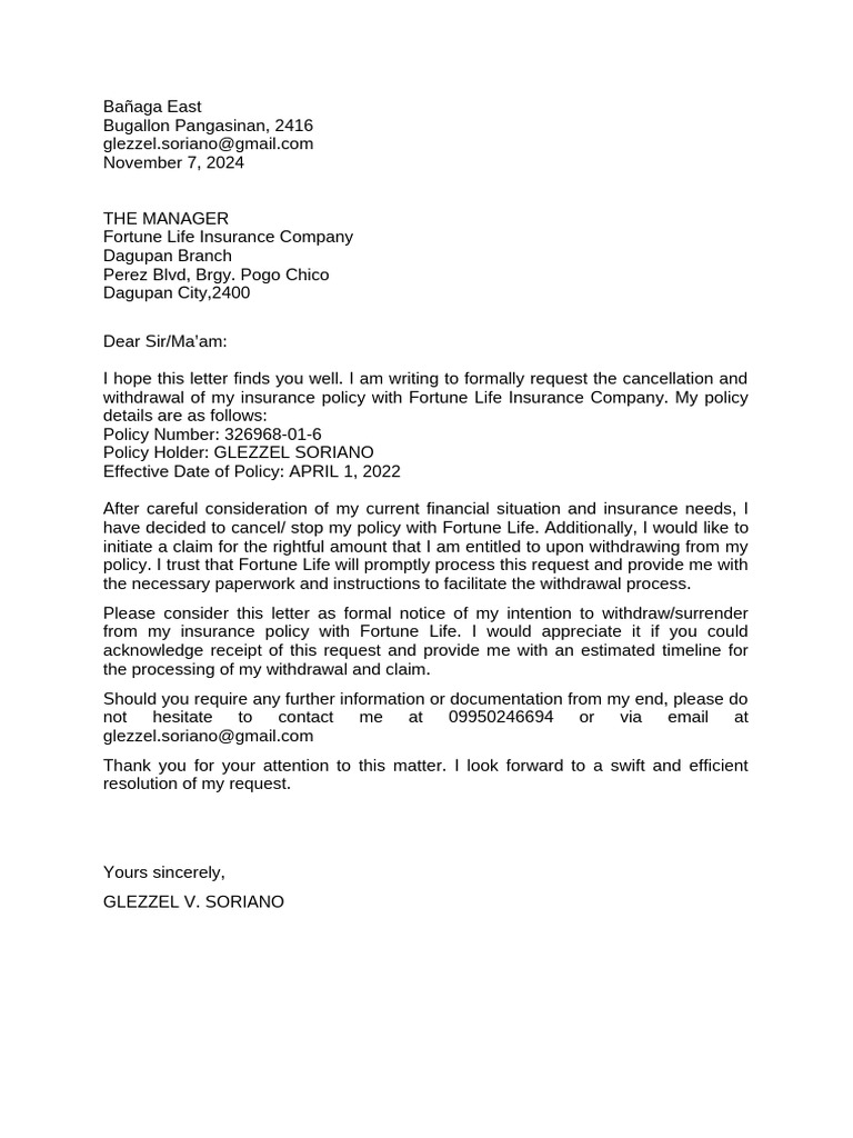 Request Letter Fortune Life | PDF
