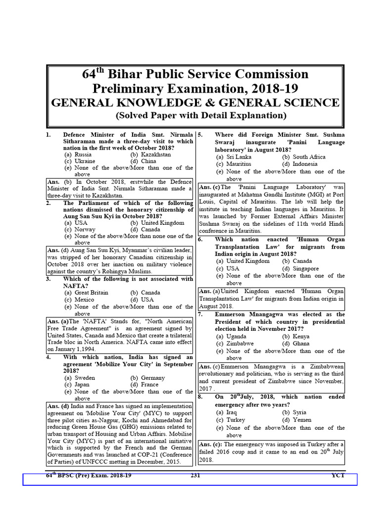 64 TH BPSC Prelims2018 19 Solved Question Paper English Yct | PDF ...