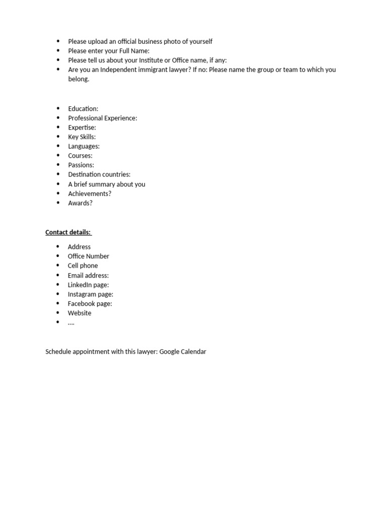 Immigration Lawyer Profile Questionnaire | PDF