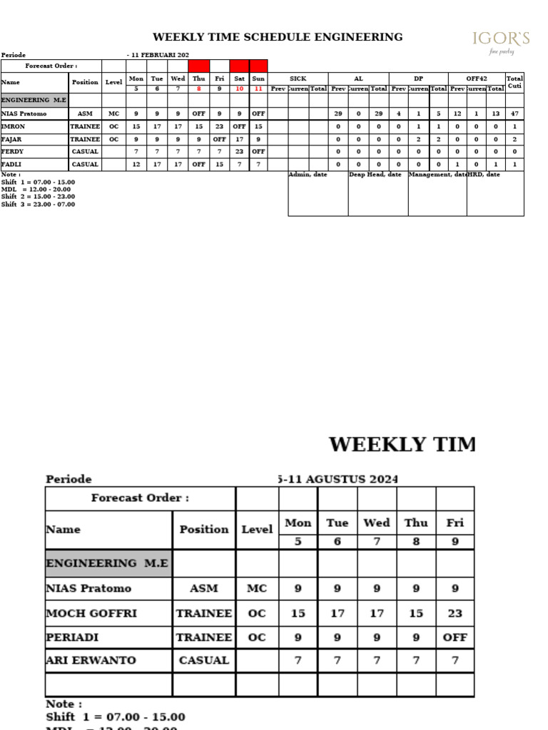 Weekly Engineering Time Schedule | PDF