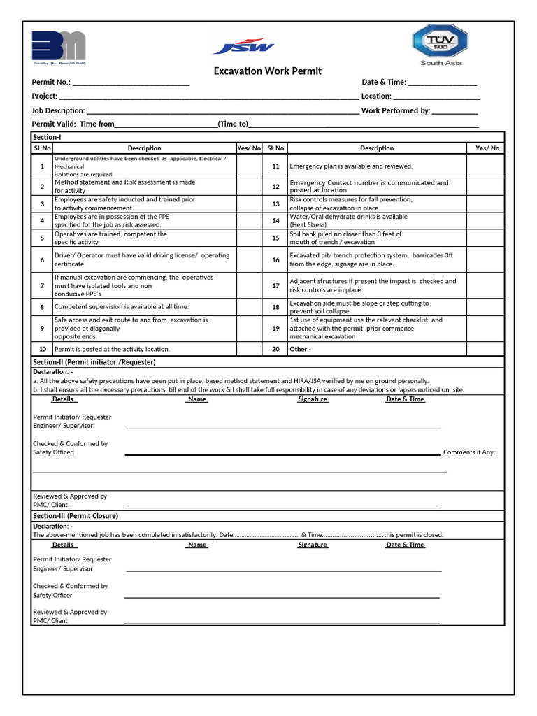 Excavation Work Permit Template | PDF | Trench | Safety