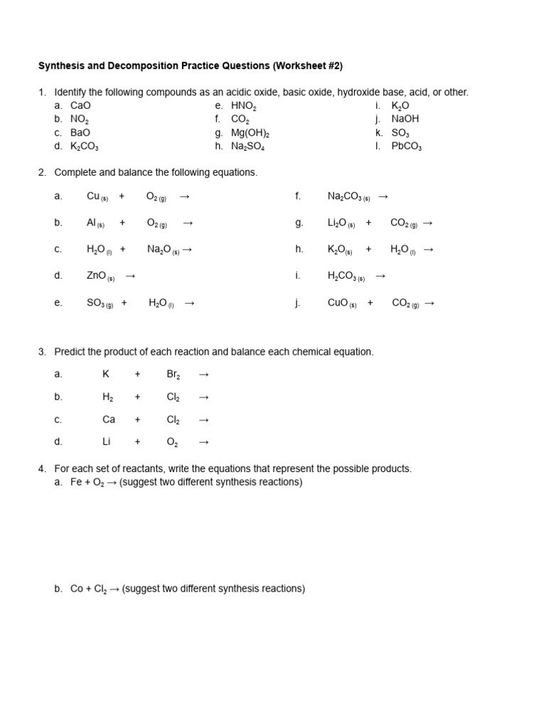 Synthesis and Decomposition Reactions Worksheet | PDF | Chemical ...