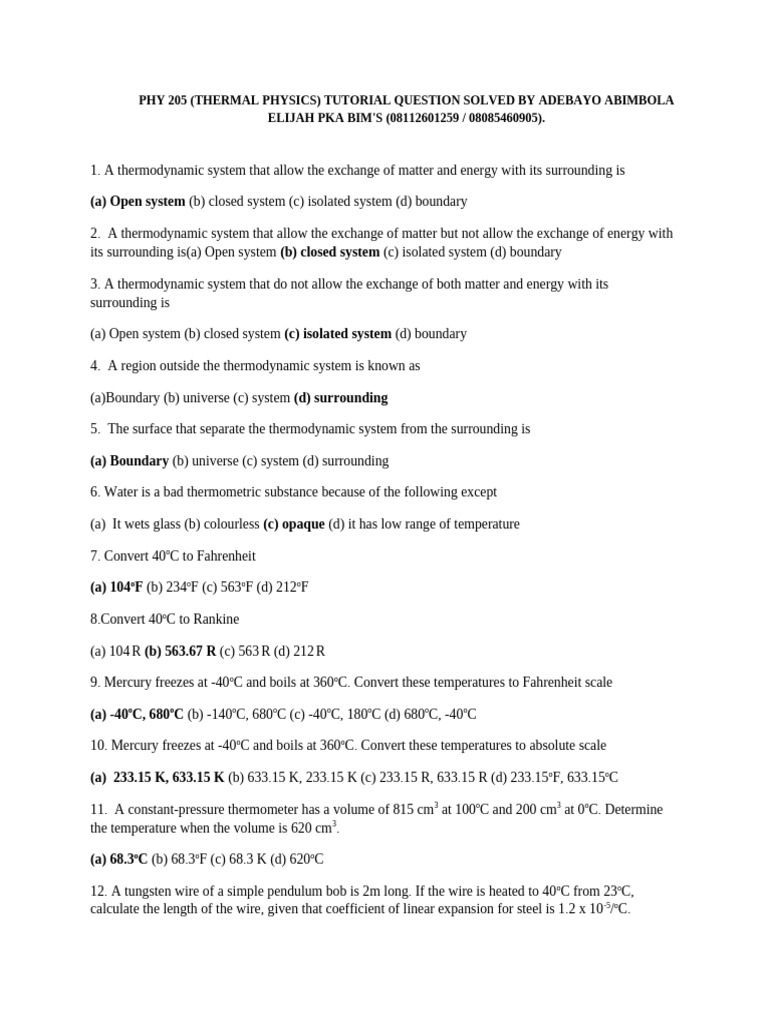 Phy 205 Tutorial Question Solved by Bim's | PDF | Heat | Temperature