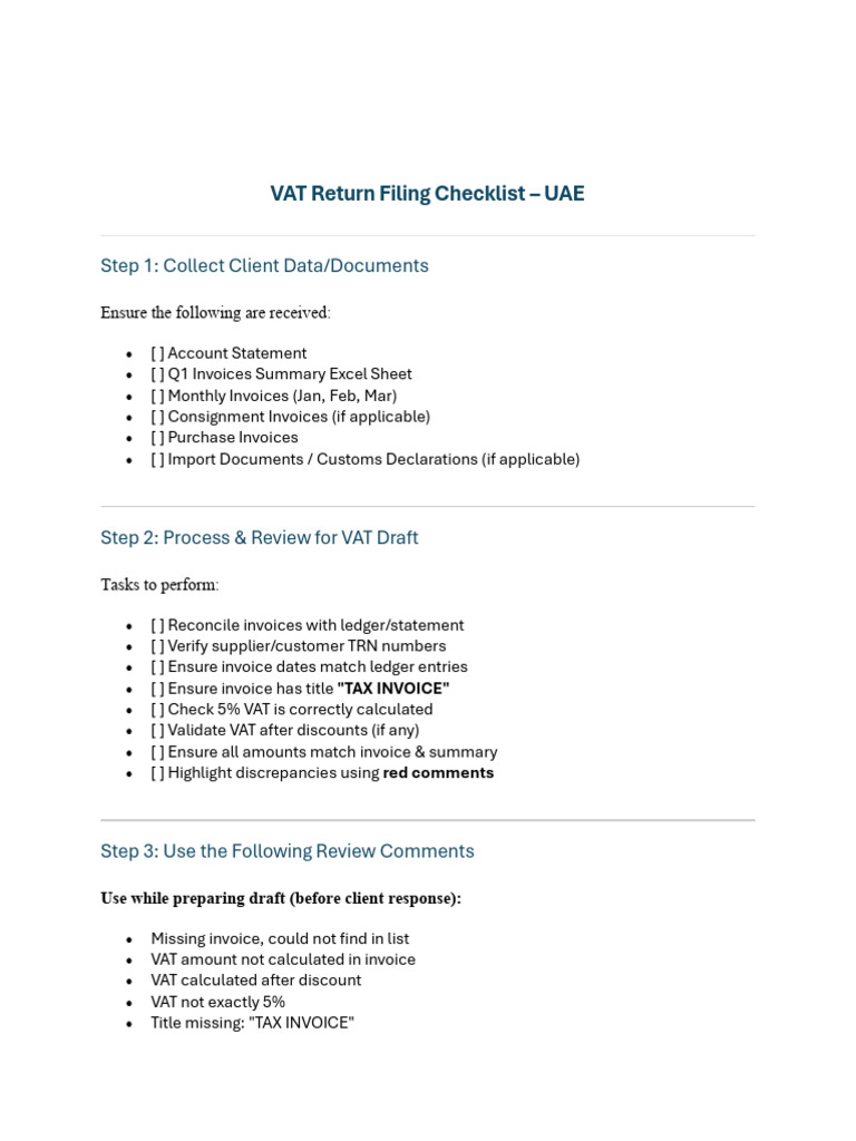 VAT Return Filing Checklist - UAE | PDF | Invoice | Value Added Tax
