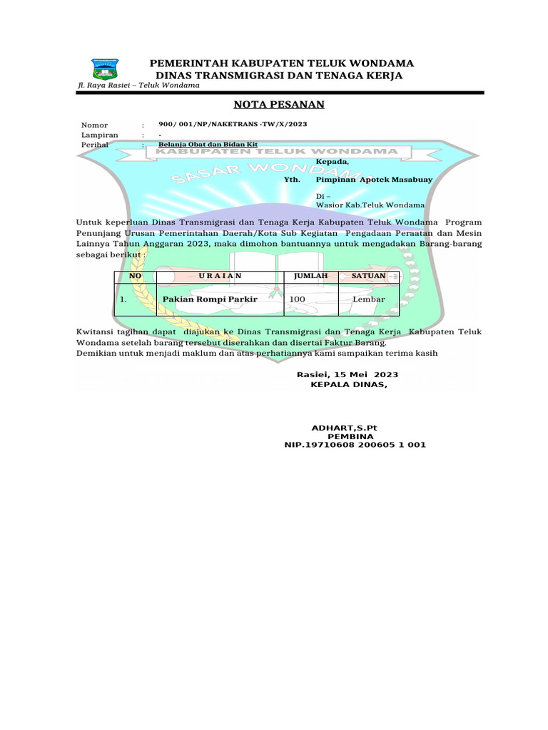 Nota Pesanan Transmigrasi | PDF