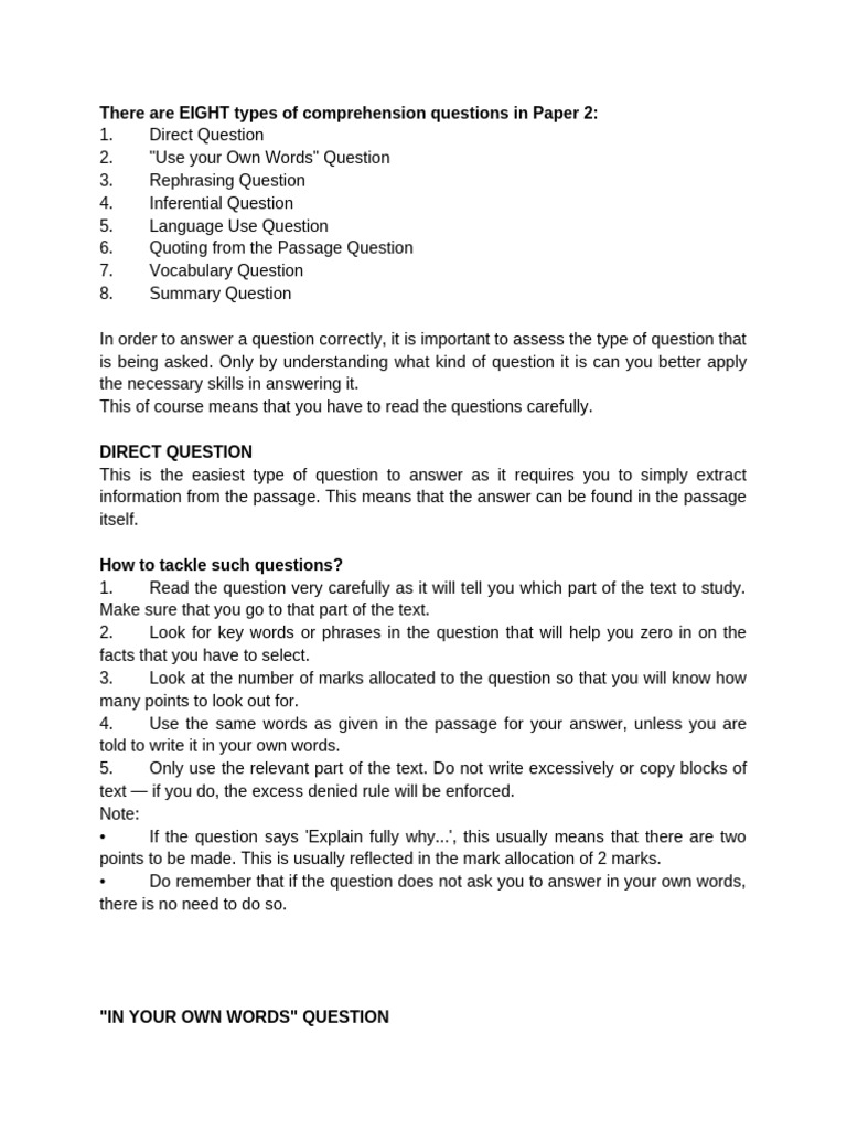 Types of English Comprehension Questions | PDF | Inference | Question