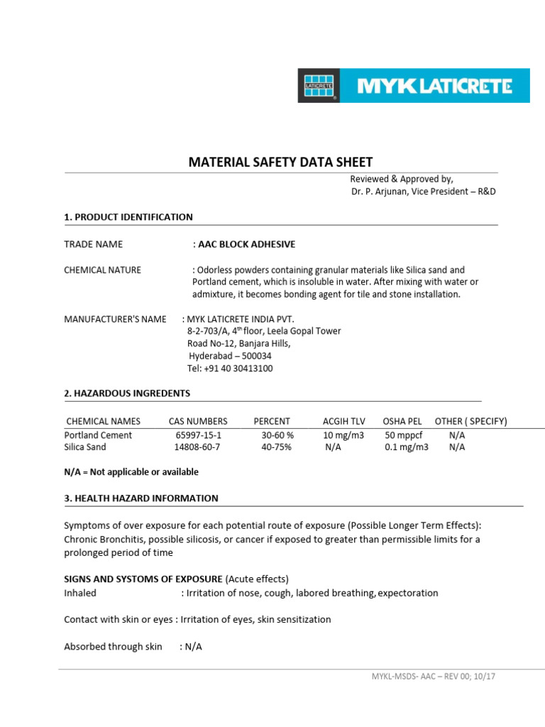 AAC Block Adhesive MSDS Summary | PDF | Occupational Safety And Health