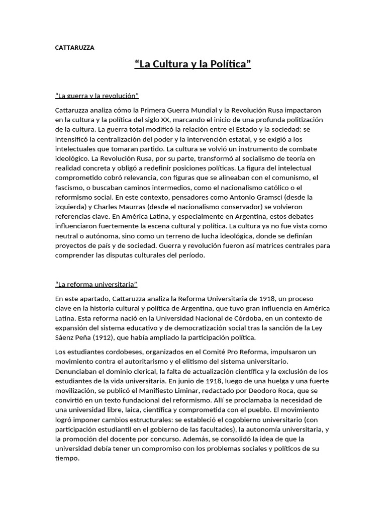 CATTARUZZA "La Cultura y La Política". Resumen | PDF | Intelectual ...