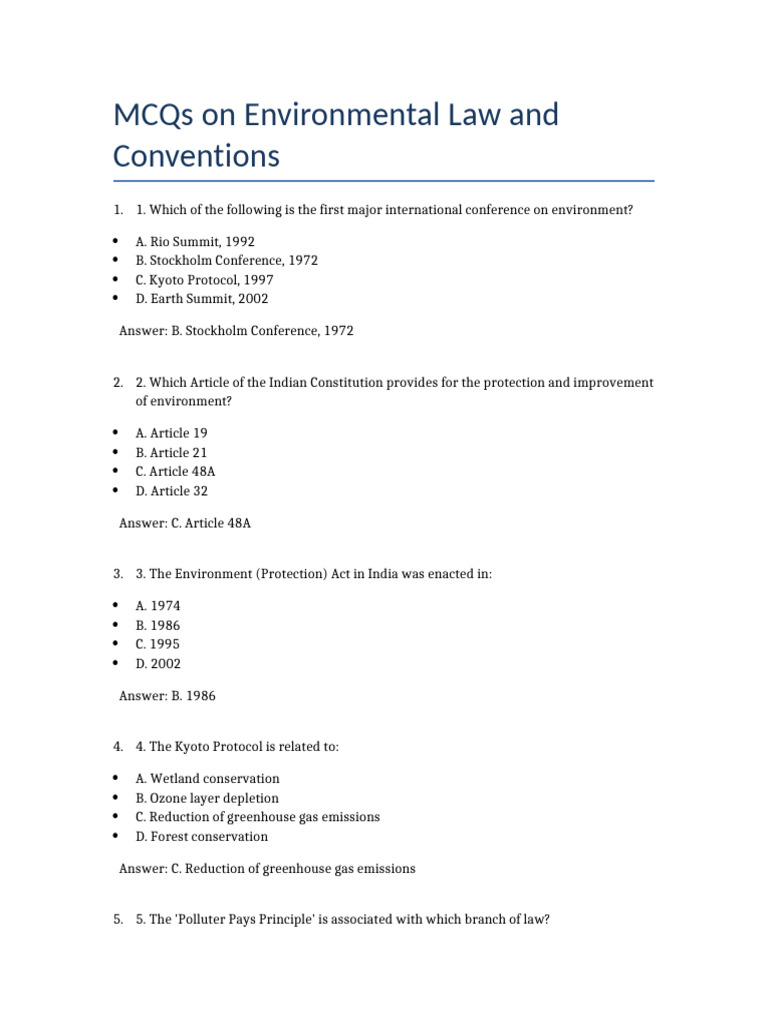 MCQs Environmental Law and Conventions | PDF