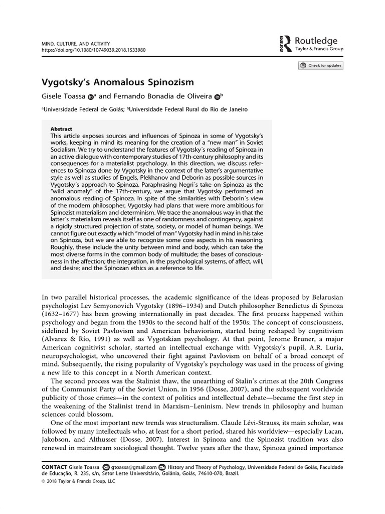 Vygotsky S Anomalous Spinozism PDF | PDF | Materialism | Baruch Spinoza