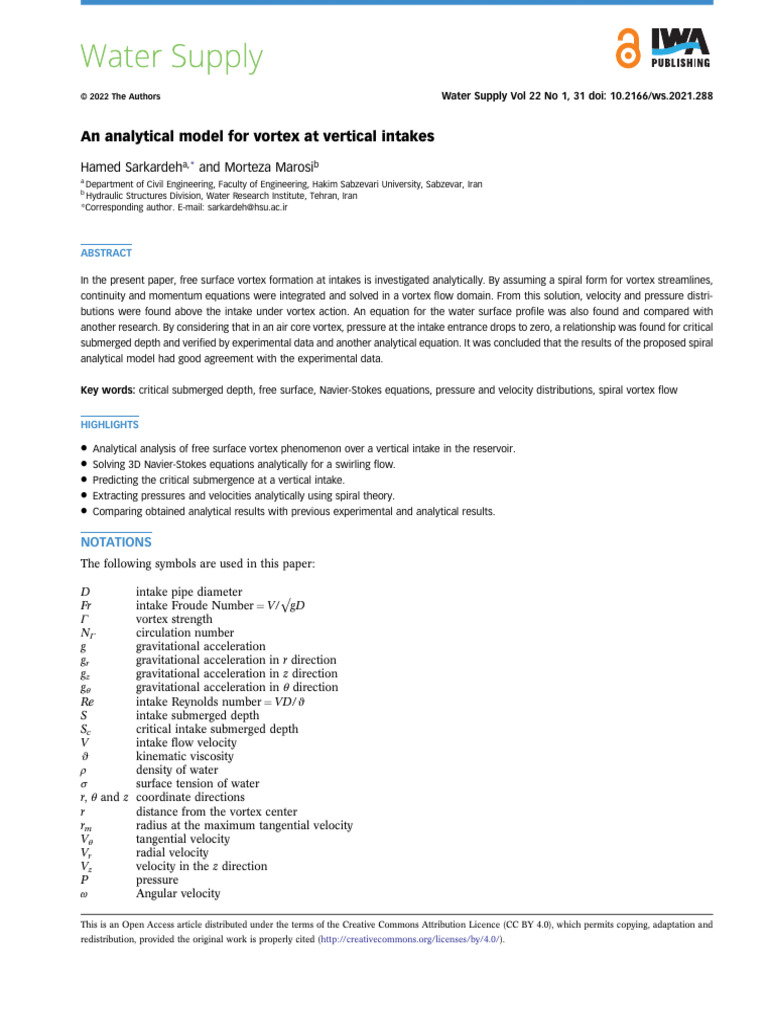 An Analytical Model For Vortex at Vertical Intakes | PDF | Vortices ...