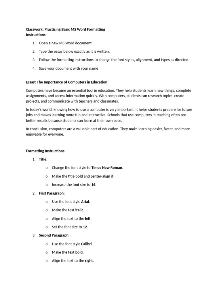MS Word Formatting Classwork Guide | PDF