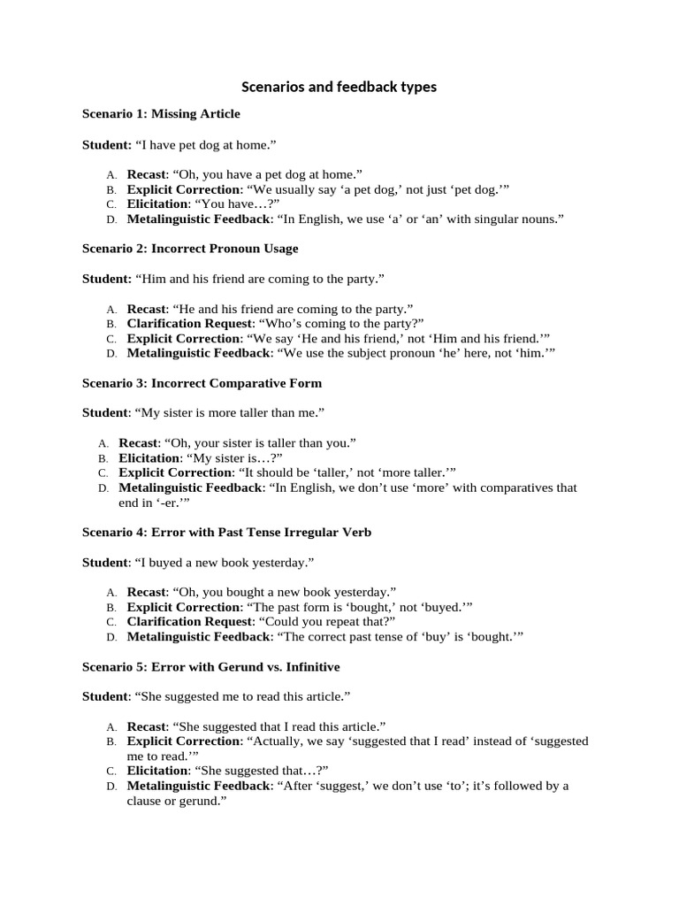 Scenarios and Feedback Types | PDF | English Language | Grammatical Number