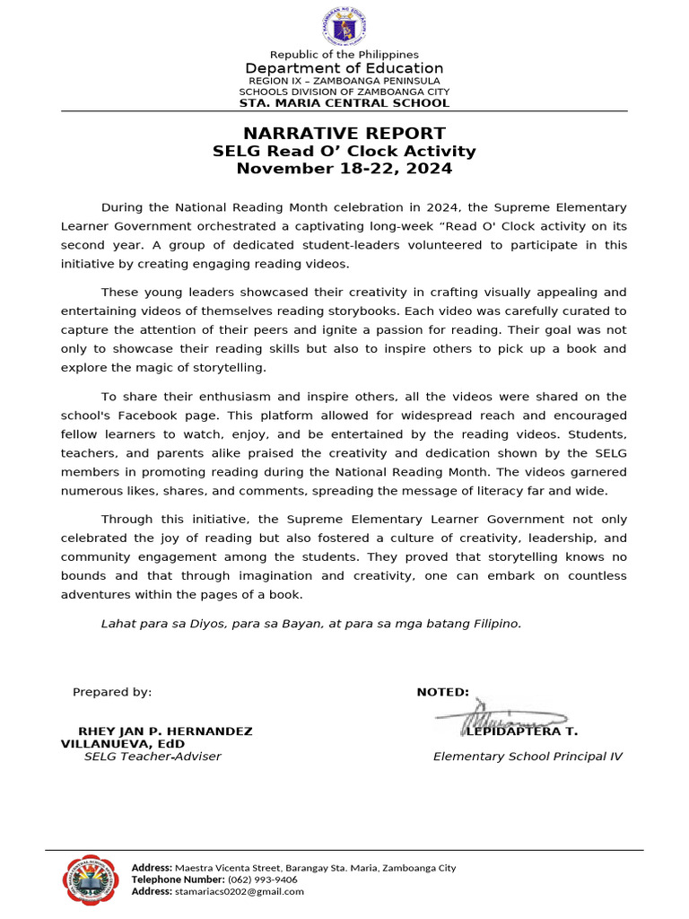 SELG Read O' Clock Narrative Report | PDF | Cognition | Learning