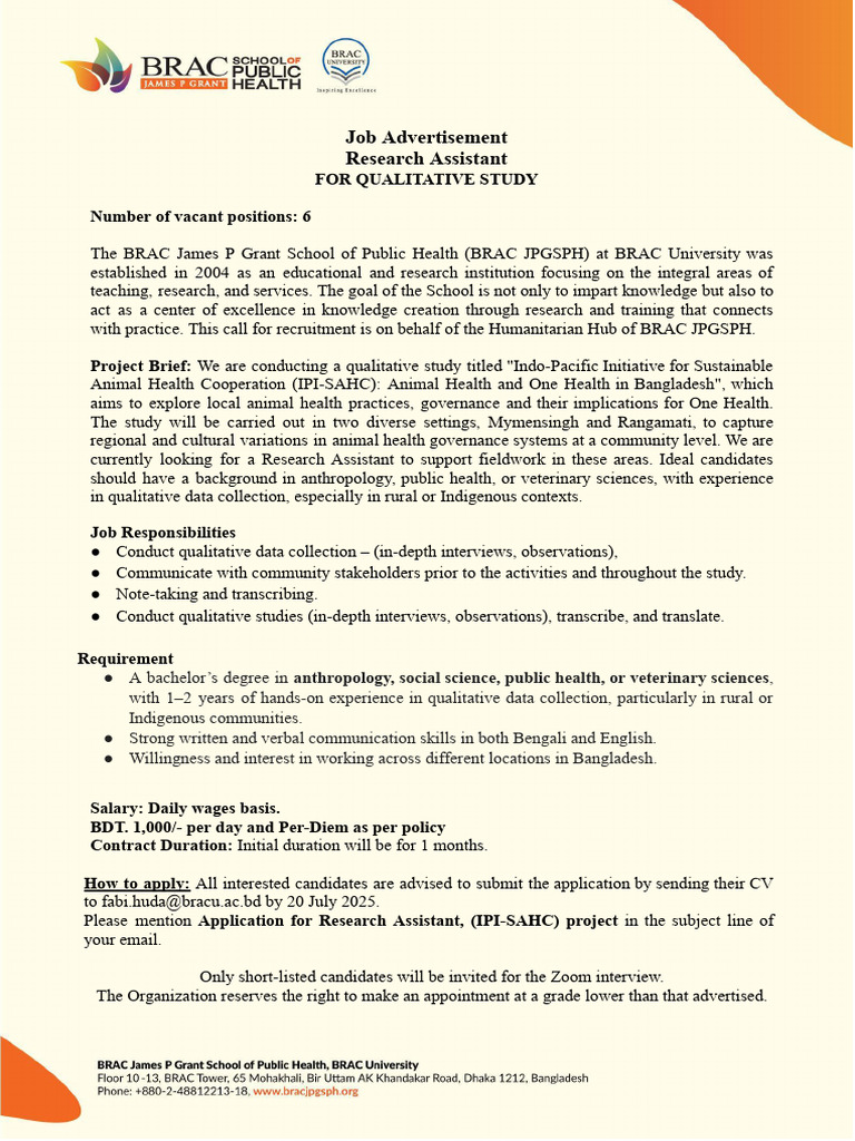 Research Assistant Job at BRAC JPGSPH | PDF | Qualitative Research ...