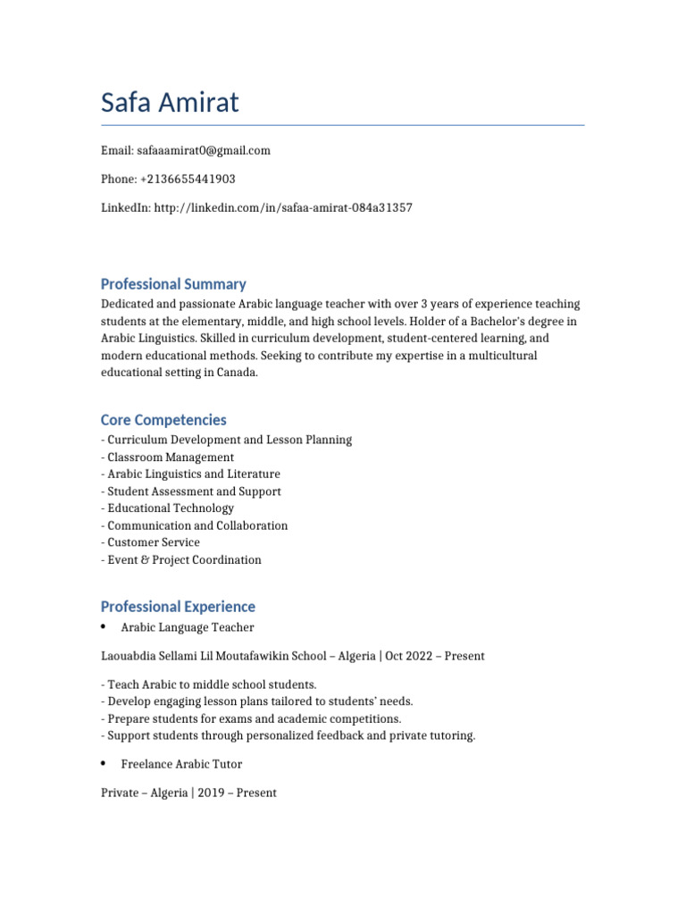 Safa Amirat Canadian CV Updated | PDF