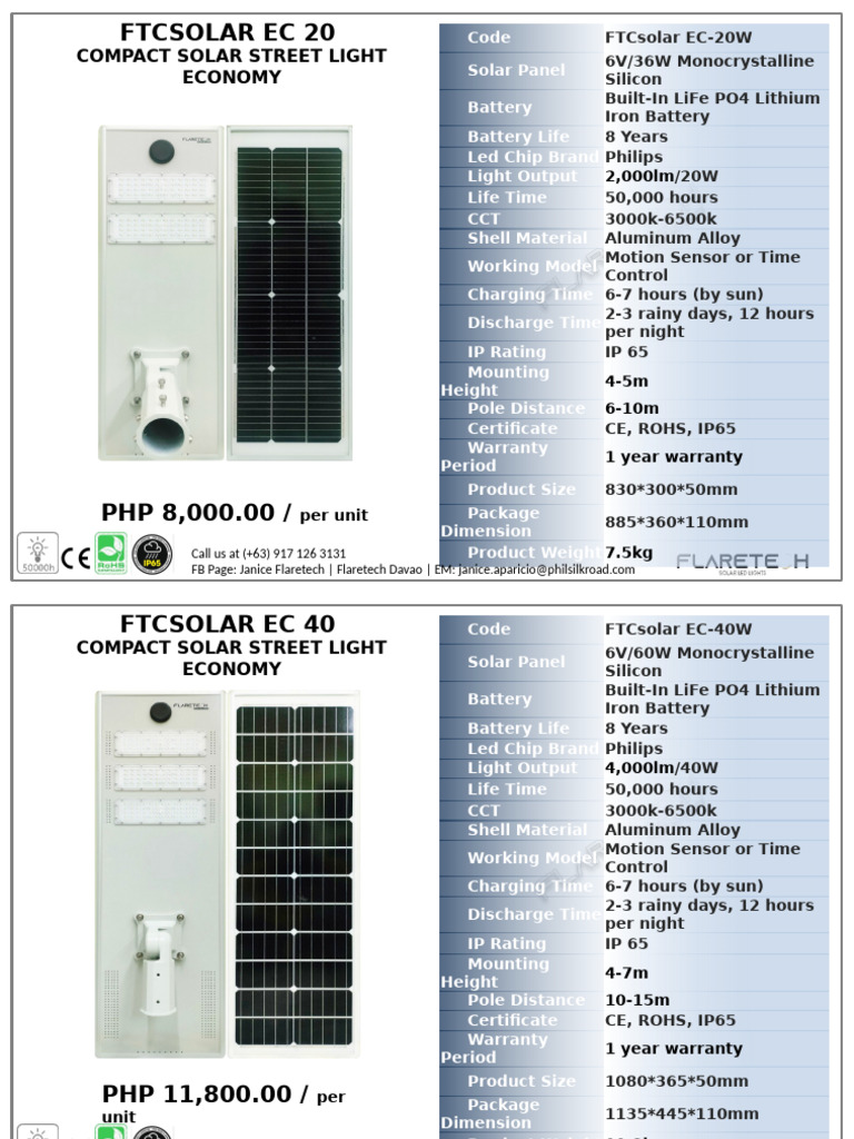 Flaretech Solar Street Light Specs | PDF | Rechargeable Battery | Materials