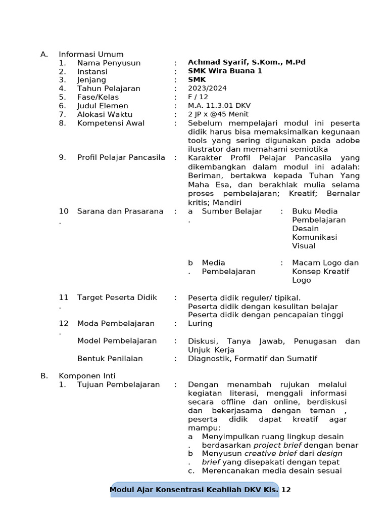 Achmad Syarif MODUL AJAR Konsentrasi Keahlian DKV Kelas 12 | PDF