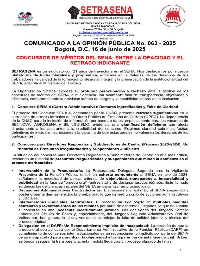 Comunicado Opinión Pública No. 063 de 16 Junio de 2025 | PDF