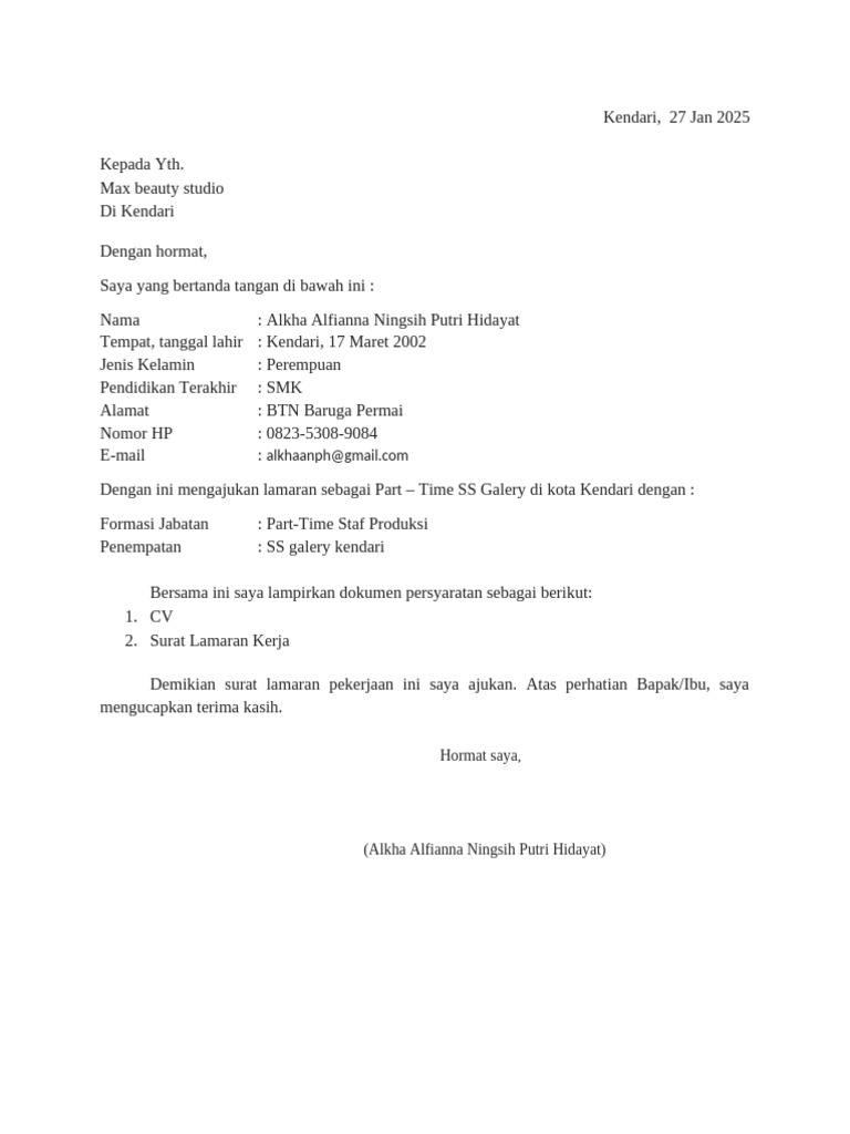 Surat Lamaran Kerja Part-Time SS Galery | PDF