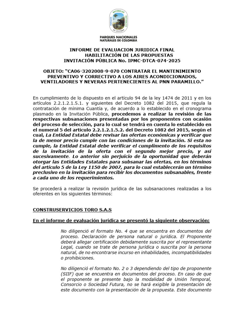 INFORME FINAL DE EVALUACION JURIDICA - Mant Aires (Paramillo) | PDF | Consorcio