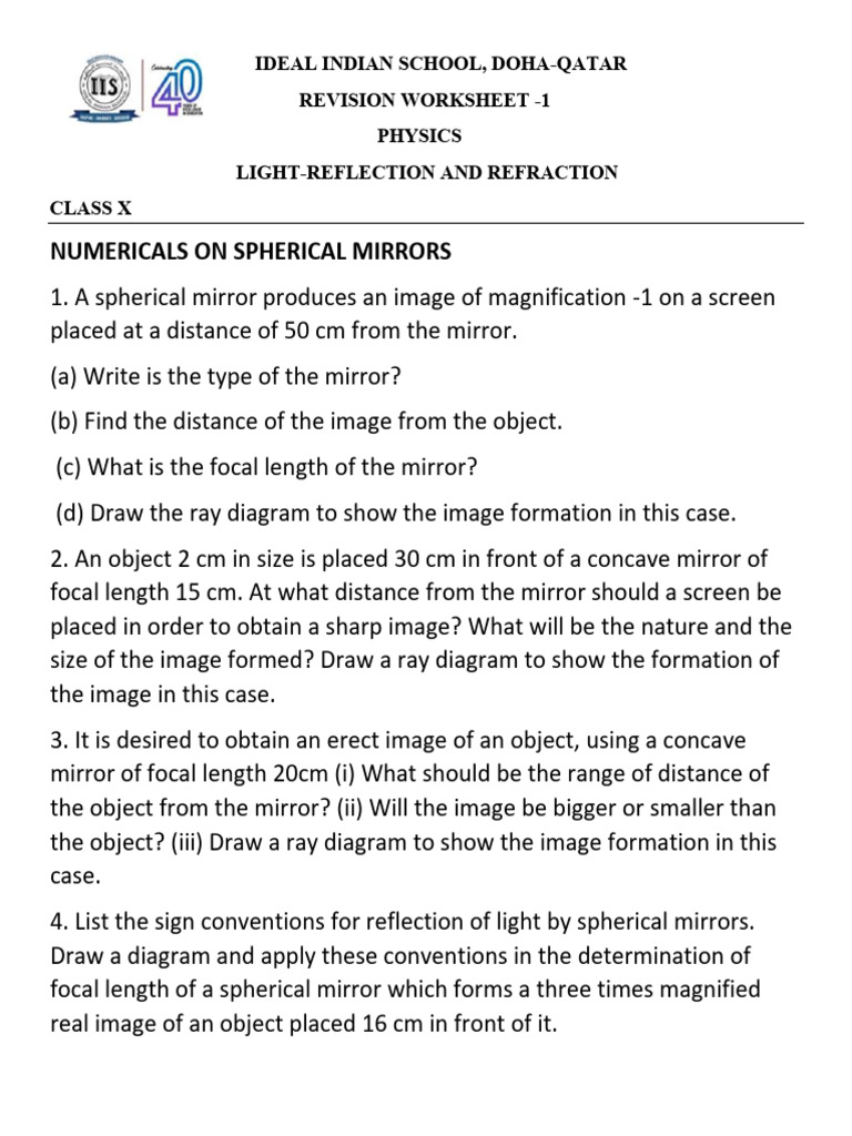 Numerical On Reflection of Light-W1 | PDF