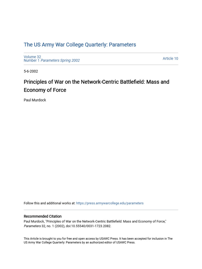 Principles of War On The Network-Centric Battlefield - Mass and Ec ...