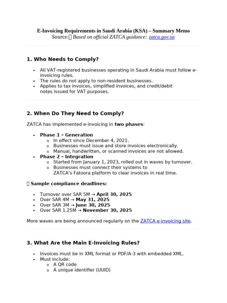 E-Invoicing Requirements in Saudi Arabia (KSA) - Summary Memo | PDF