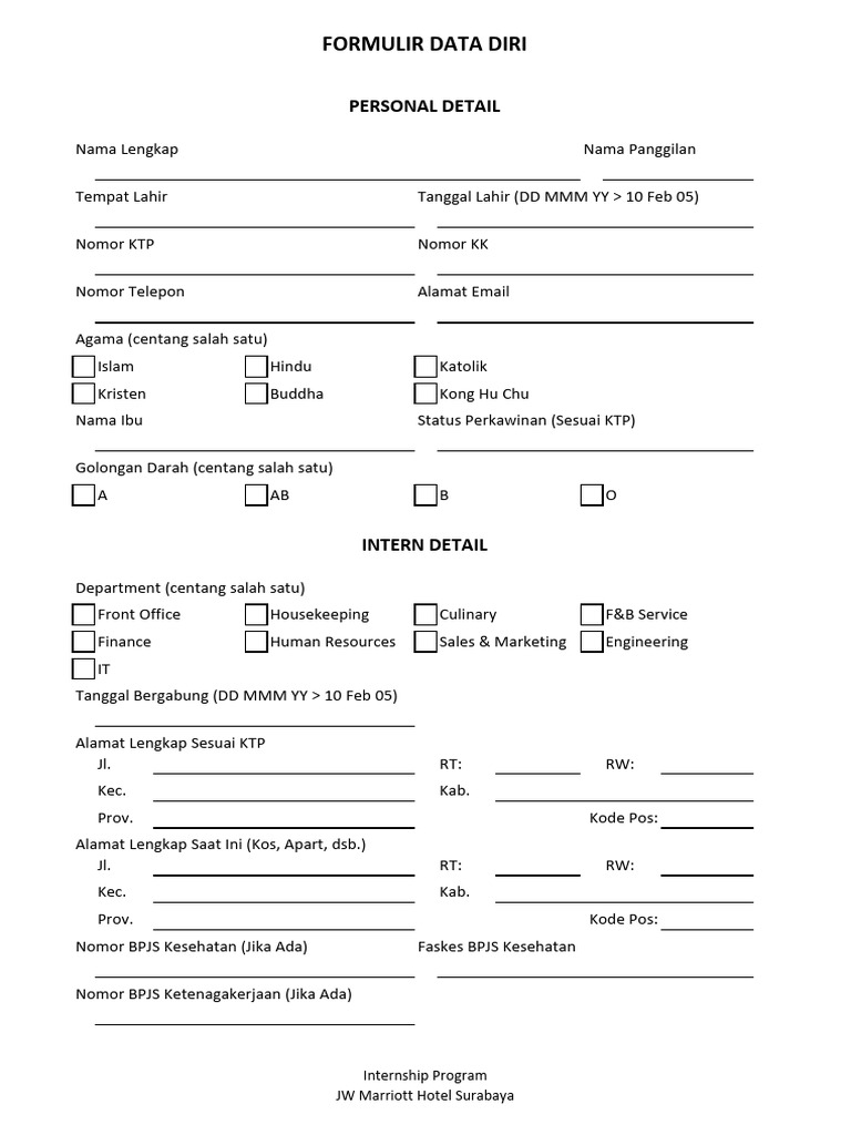 Form Data Diri Intern | PDF