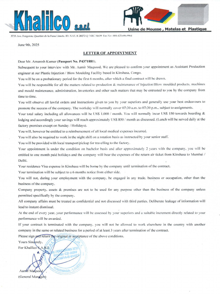 Appointment Letter Amaresh | PDF
